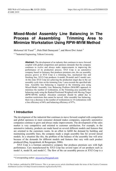 Pdf Mixed Model Assembly Line Balancing In The Process Of Assembling