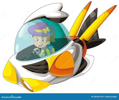 Cartoon Kid On A Toy Funfair Space Ship Or Star Ship Amusement Park Or
