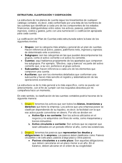 Estructura Clasificación Y Codificación Del Plan De Cuentas Pdf