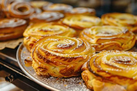 A Bakery Showcase With Swirls Topped With Cinnamon And Sugar Freshly