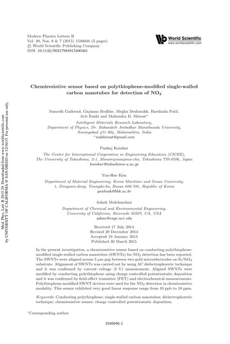 Pdf Chemiresistive Sensor Based On Polythiophene Modified Single Walled Carbon Nanotubes For