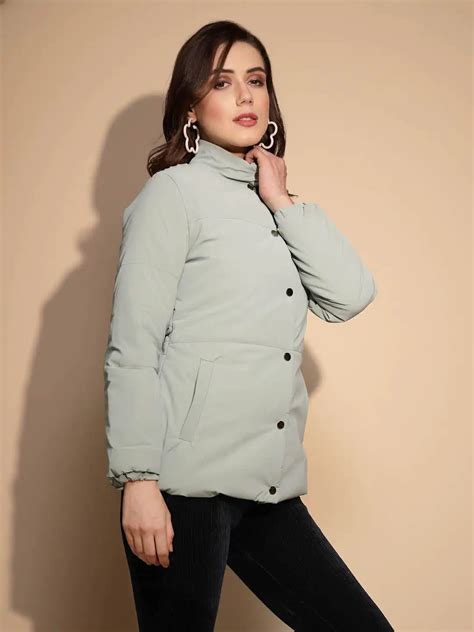 Green Solid Turtle Neck Jacket