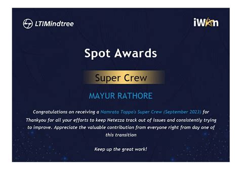 Mayur Rathore On Linkedin Appreciation Ltimindtree Supercrew Award