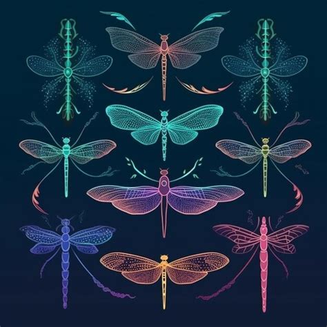 Premium Photo A Set Of Dragonflies In Different Colors On A Dark
