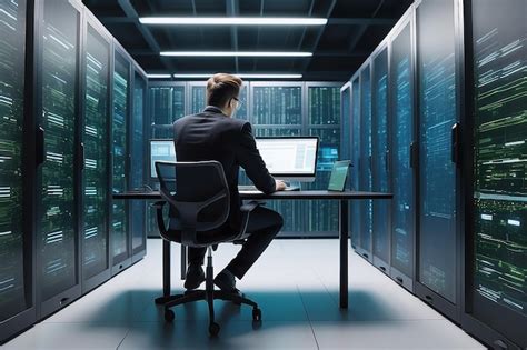 Premium Photo Back View Of Male Specialist Using Laptop In Big Data