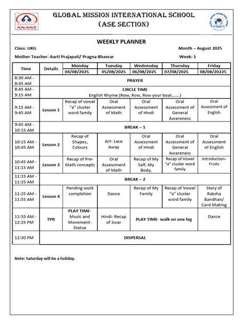 Weekly Planner Ukg Week 1 August Pdf
