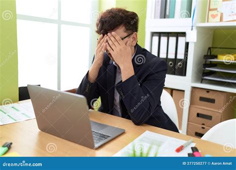Non Binary Man Business Worker Stressed Using Laptop At Office Stock Image Image Of Overworked