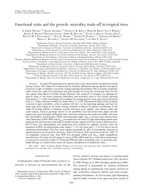 Pdf Functional Traits And The Growth Mortality Trade Off In Tropical