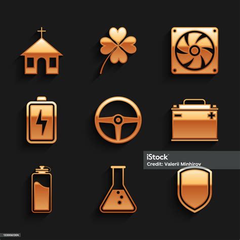스티어링 휠 테스트 튜브 및 플라스크 쉴드 자동차 배터리 물과 배터리 아이콘이있는 스포츠 병을 설정합니다 벡터 4가지 개체에 대한 스톡 벡터 아트 및 기타 이미지 Istock
