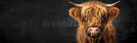Hilarious Scottish Highland Cow Sticking Tongue Out On Black Background