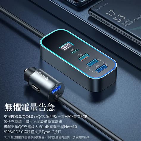 Mcdodo麥多多 107w 5孔pd快充qc 車用數顯充電器 車充 車載點菸器 15m Pchome 24h購物