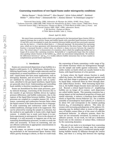 Pdf Coarsening Transitions Of Wet Liquid Foams Under Microgravity