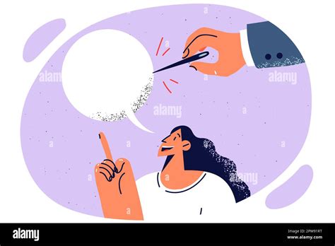 Hand With Needle Pierces Dialogue Bubble To Censorship Girl Words Or