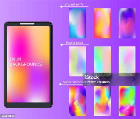 스마트폰 배경 화면 Lockscreen입니다 트렌디한 액체 색상입니다 모바일에 대 한 얼룩 홀로그램 역동적인 배경 개체 그룹에