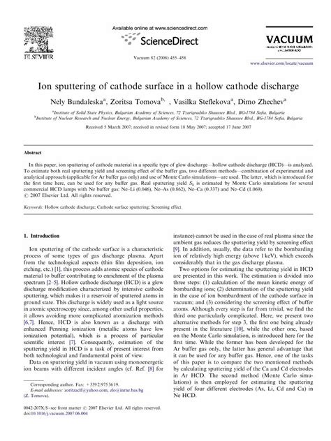 Pdf Ion Sputtering Of Cathode Surface In A Hollow Cathode Discharge