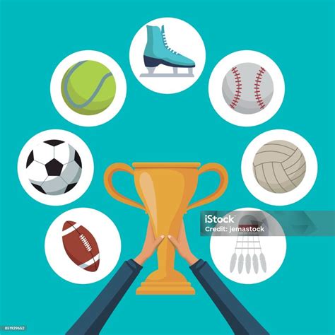 원형 프레임 주위에 아이콘 요소 스포츠와 황금 트로피 컵을 들고 손으로 색 배경 인센티브에 대한 스톡 벡터 아트 및 기타 이미지 인센티브 1위 경기 스포츠 Istock