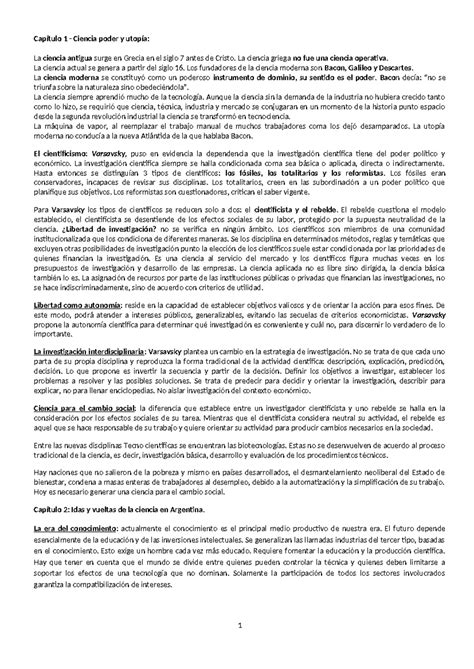 Resúmen IPC Cap 1 a 6 Capítulo 1 Ciencia poder y utopía La ciencia