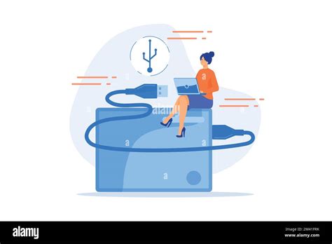 Tiny Business People At Laptops Using Portable External Hard Drive External Hard Drive Data