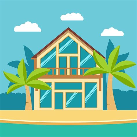 Maison d été avec des palmiers au bord de la mer Vecteur Premium
