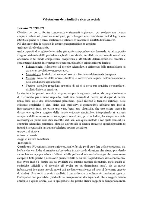 Appunti Della Profssa Guglielmi Del Corso Valutazione Dei Risultati E