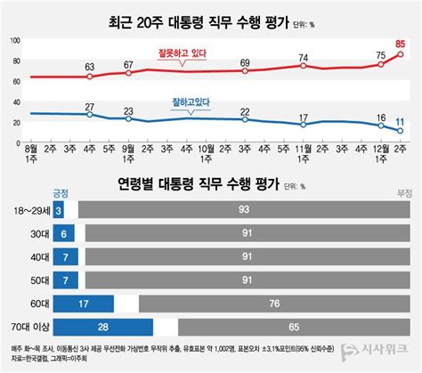 오늘자 한국갤럽 세대별 대통령 지지율 정치시사 에펨코리아