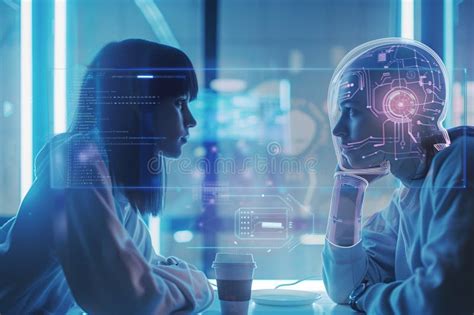 Woman And Artificial Intelligence Robot Sitting And Drinking Coffee In