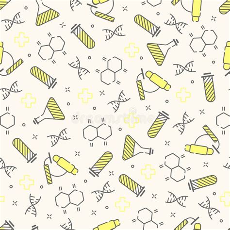 Seamless Beige Pattern With Outline Icons With Yellow Accent Laboratory