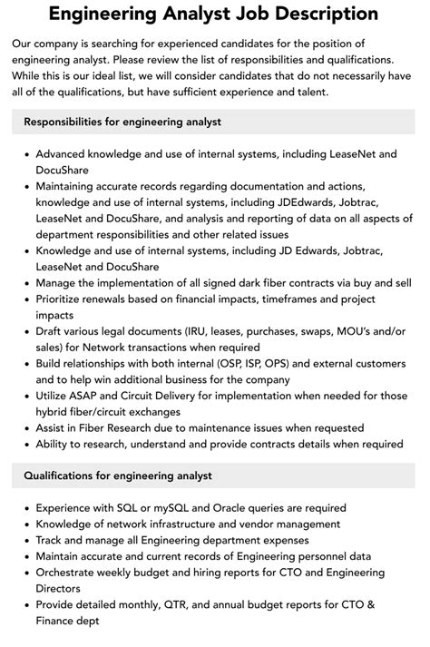 Engineering Analyst Job Description Velvet Jobs
