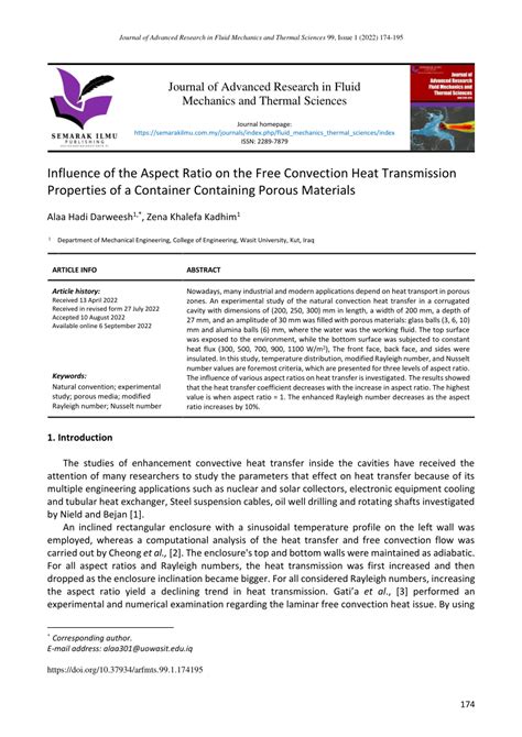 Pdf Influence Of The Aspect Ratio On The Free Convection Heat Transmission Properties Of A