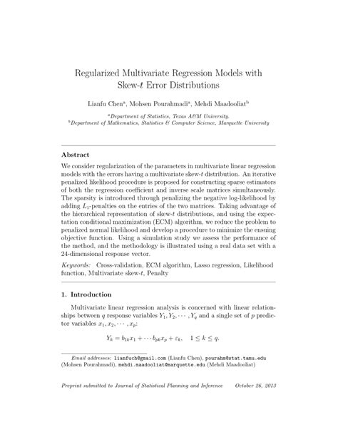 Pdf Regularized Multivariate Regression Models With Skew T Error Distributions