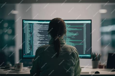 Premium Photo Woman Programmer Coding On A Large Screen In Office Generative Ai