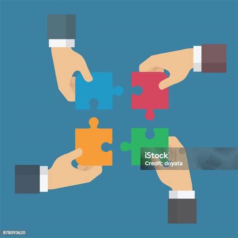 팀웍 꿈 작업을 확인 합니다 비즈니스 팀워크 개념입니다 4 개의 퍼즐 요소를 연결 하는 사업 협력 협력 파트너십의 상징 경영자에 대한 스톡 벡터 아트 및 기타 이미지