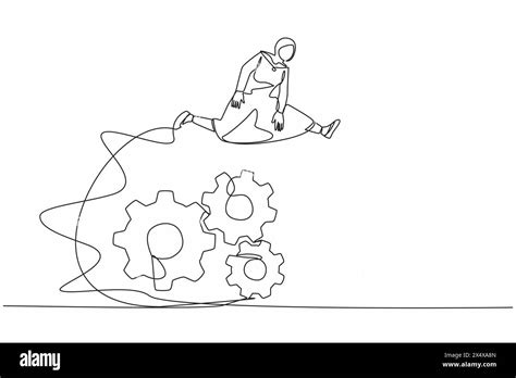 Single One Line Drawing Arab Businesswoman Jumping Over Big Gears