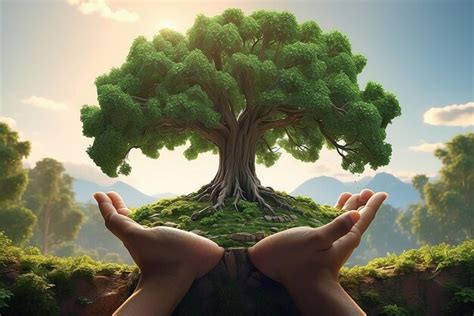 Premium Ai Image Tree In Two Hands With Very Different Environments