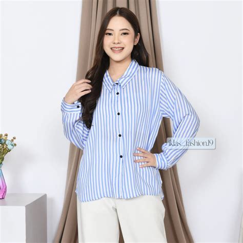 Jual Kemeja Salur Wanita Atasan Kemeja Salur Rayon Shopee Indonesia