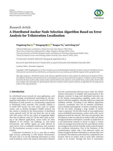 Pdf A Distributed Anchor Node Selection Algorithm Based On Error