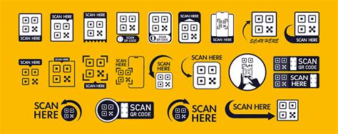 Qr 코드는 모바일 결제 앱 및 식별을 위한 아이콘과 스티커를 스캔합니다 스마트폰 Qr 코드 스캔 여기에서 스캔 아이콘 및