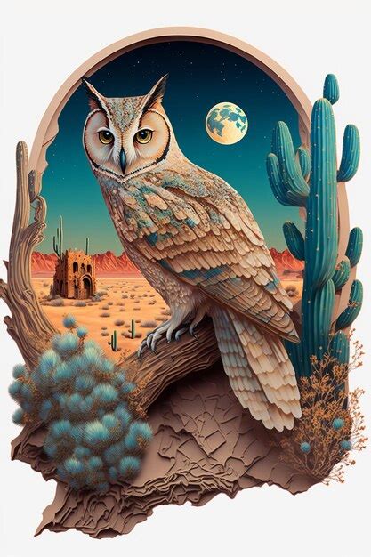 Una pintura de un búho sentado en una rama con un cactus y una luna al fondo Foto Premium