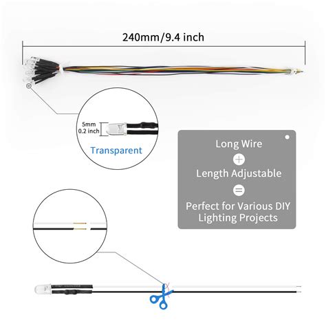 DiCUNO 100pcs 10 Colors X 10pcs 5mm 12V Prewired LED Light Emitting Diode Round Head LED Lamp