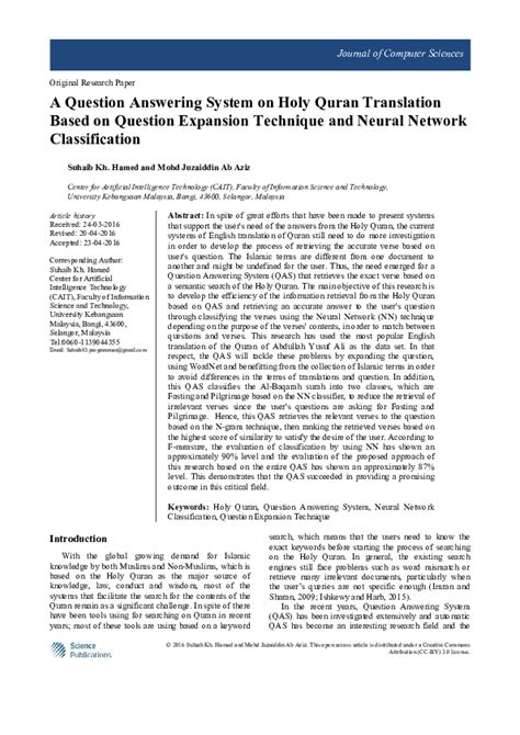 Pdf A Question Answering System On Holy Quran Translation Based On Question Expansion