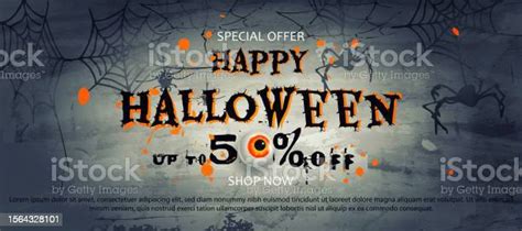 만화 스타일의 할로윈 개념입니다 거미가 있는 추상적인 어두운 콘크리트 배경에 할인이 있는 축하 텍스트 응용 프로그램에 대한 세련된 벡터 웹 템플릿입니다 할로윈에 대한 스톡