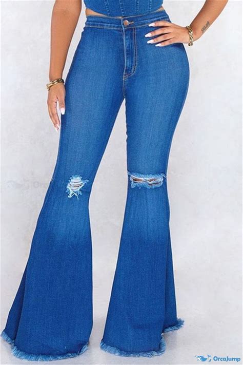 Orcajump Solid Blue Ripped High Waist Boot Cut Denim Jeans Boot Cut