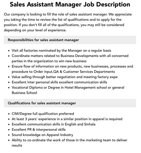 Sales Assistant Manager Job Description Velvet Jobs