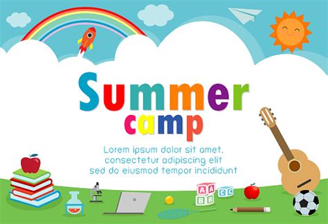 광고 브로셔 캠핑에 활동을 하는 어린이 포스터 전단지 템플릿 텍스트 벡터 일러스트 레이 션에 대 한 아이 여름 캠프 교육 템플릿 여름 캠프에 대한 스톡 벡터 아트 및 기타