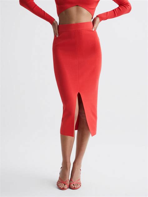 Reiss Erin Knitted Midi Skirt In Coral Endource