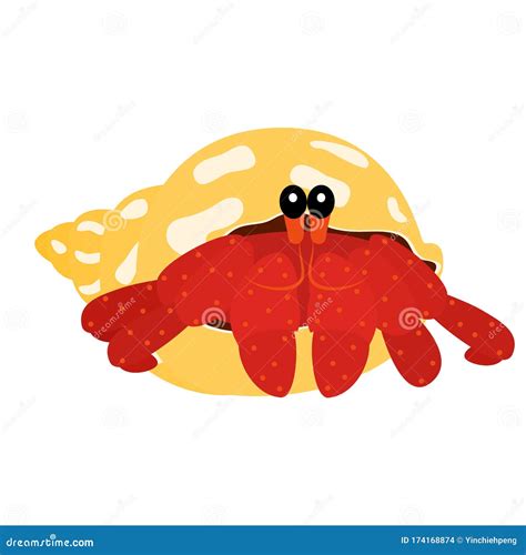 Front View Of Cute Cartoon Hermit Crab Isolated On White Background