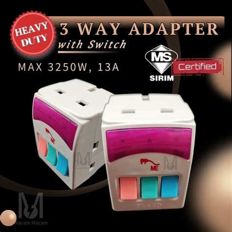 Sirim 13a 3 Way Adaptor With Switch Universal Multi Adapter Small Switch Big Switch Led Neon