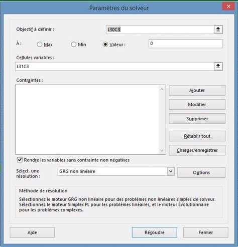Solveur Excel 2016