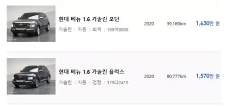 베뉴 중고차 가격 및 시세표 현대 24년 기준