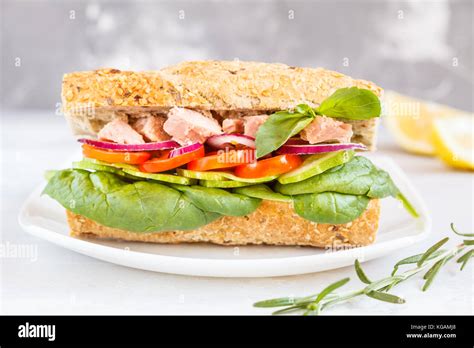 Healthy Tuna Sandwich With Vegetables And Rye Baguette Macro Stock